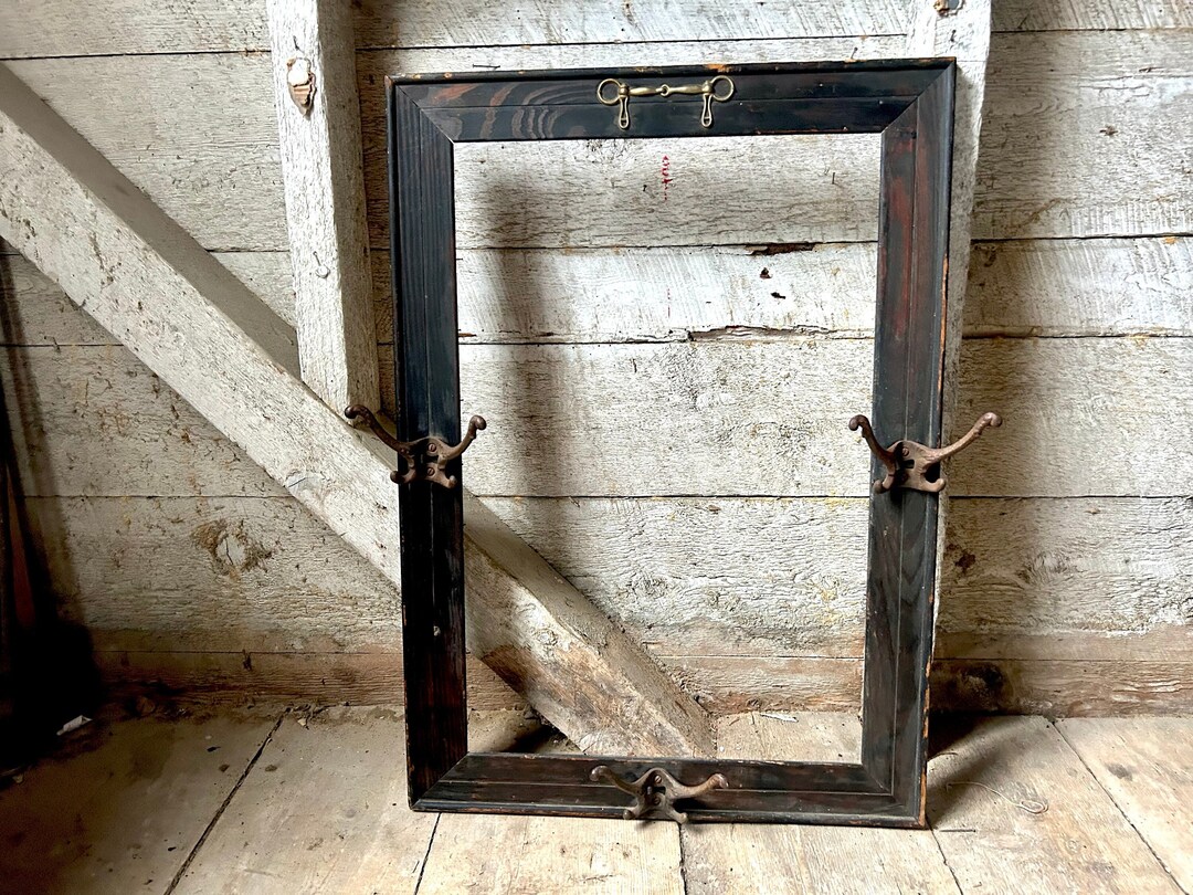 Antique Farmhouse Large Wood Frame With Iron Coat Hooks Black Frame ...