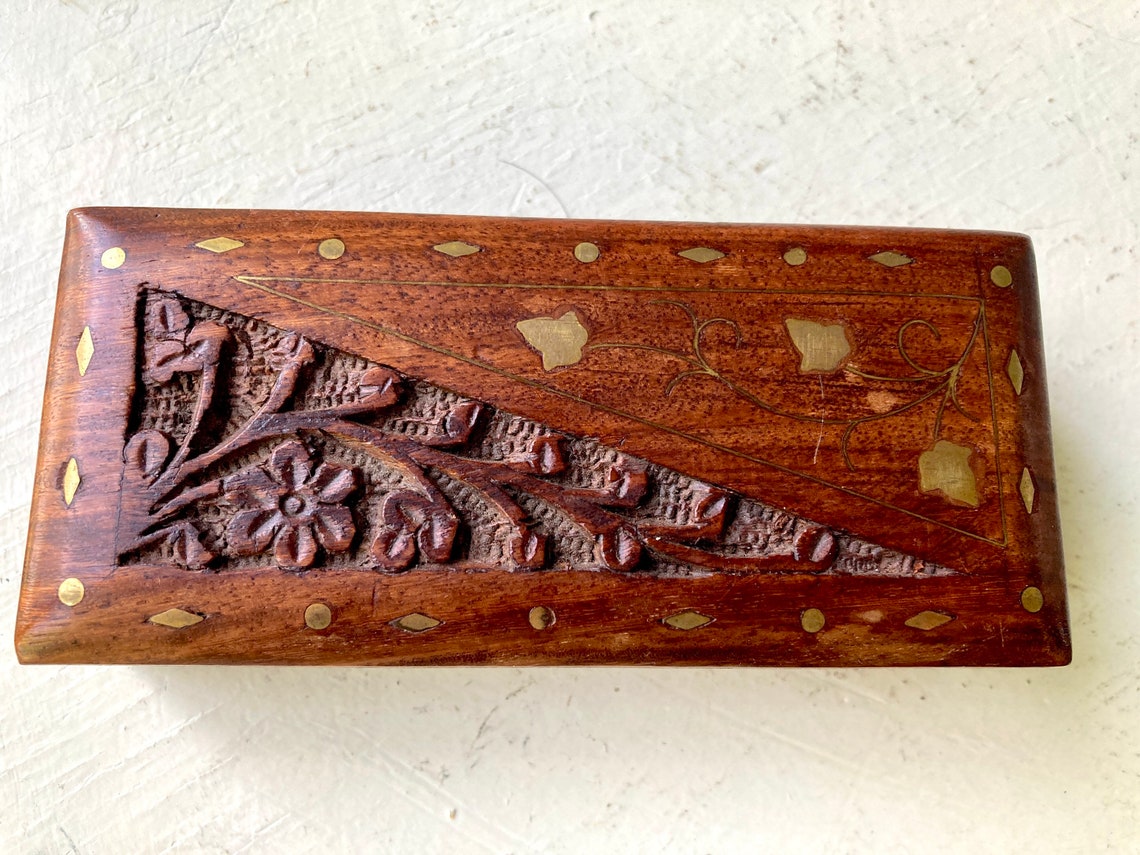 Wood Box Hand Carved Copper Inlay Floral Design Jewelry Box - Etsy