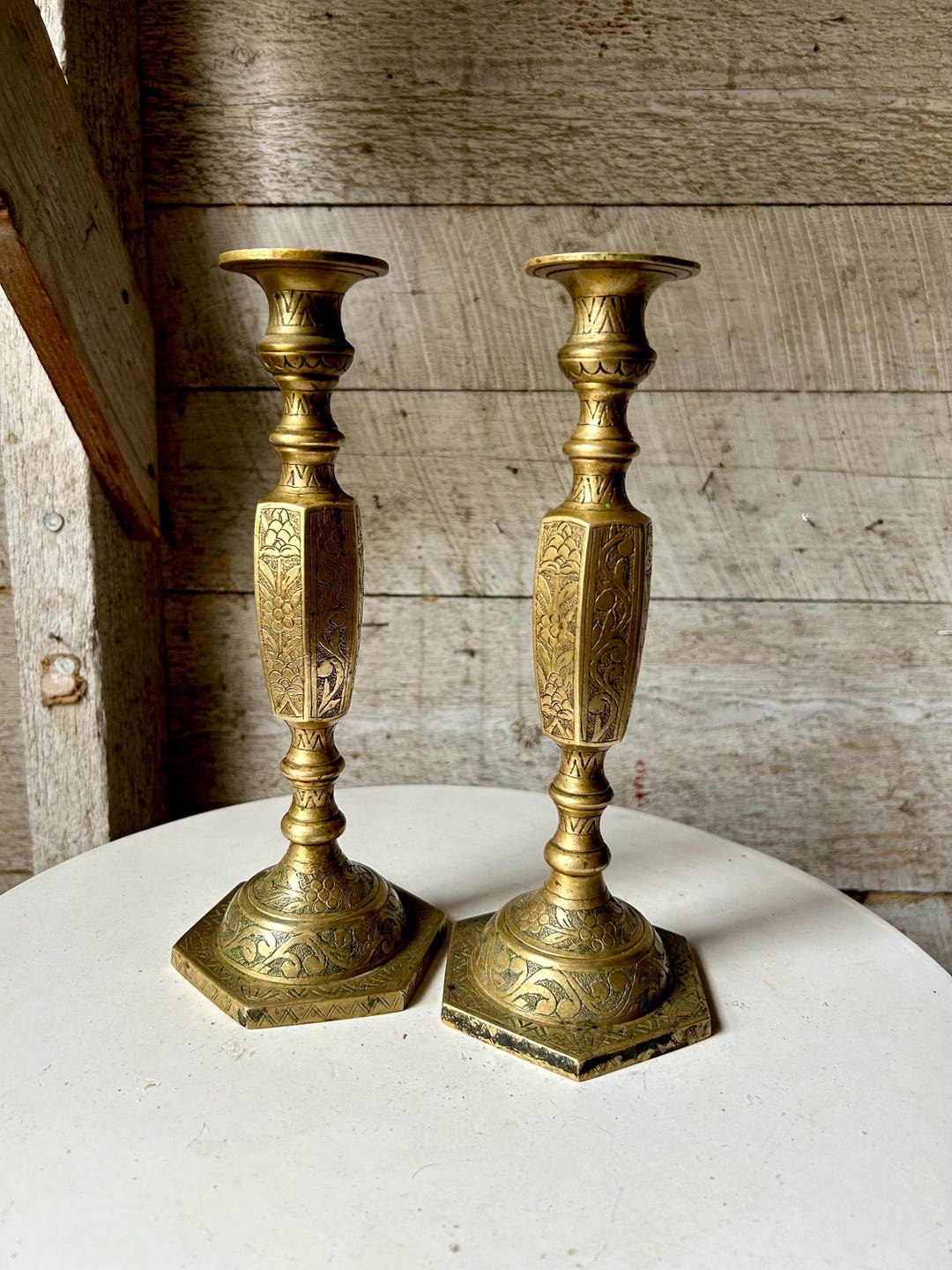 Brass Candlesticks Early European 19th Century Hand Engraved Cast Brass ...