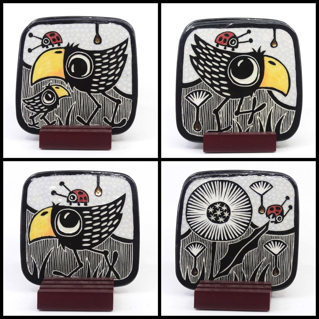 Handmade, Hand Carved, Sgraffito Porcelain Birds, Dandelions, and ...