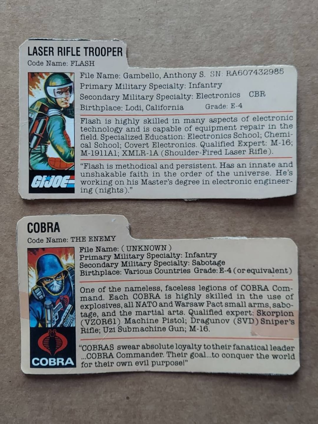 GI Joe File Cards for Series 1 Straight Arm Figures ARAH by Hasbro 1982 ...