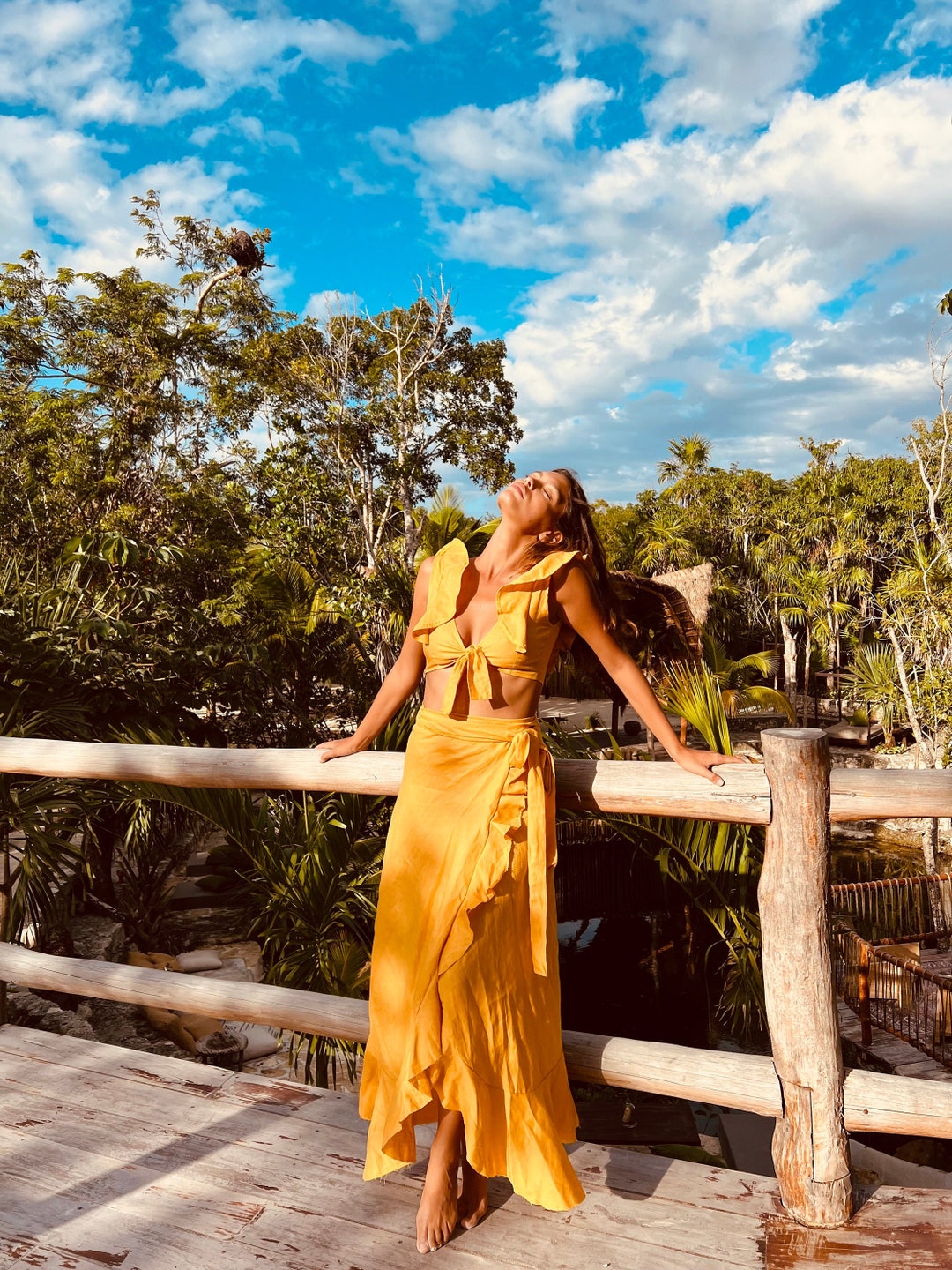 Linen Wrap Skirt Ruffle Open Slit Dress Boho Tulum Beach Linen Set High ...