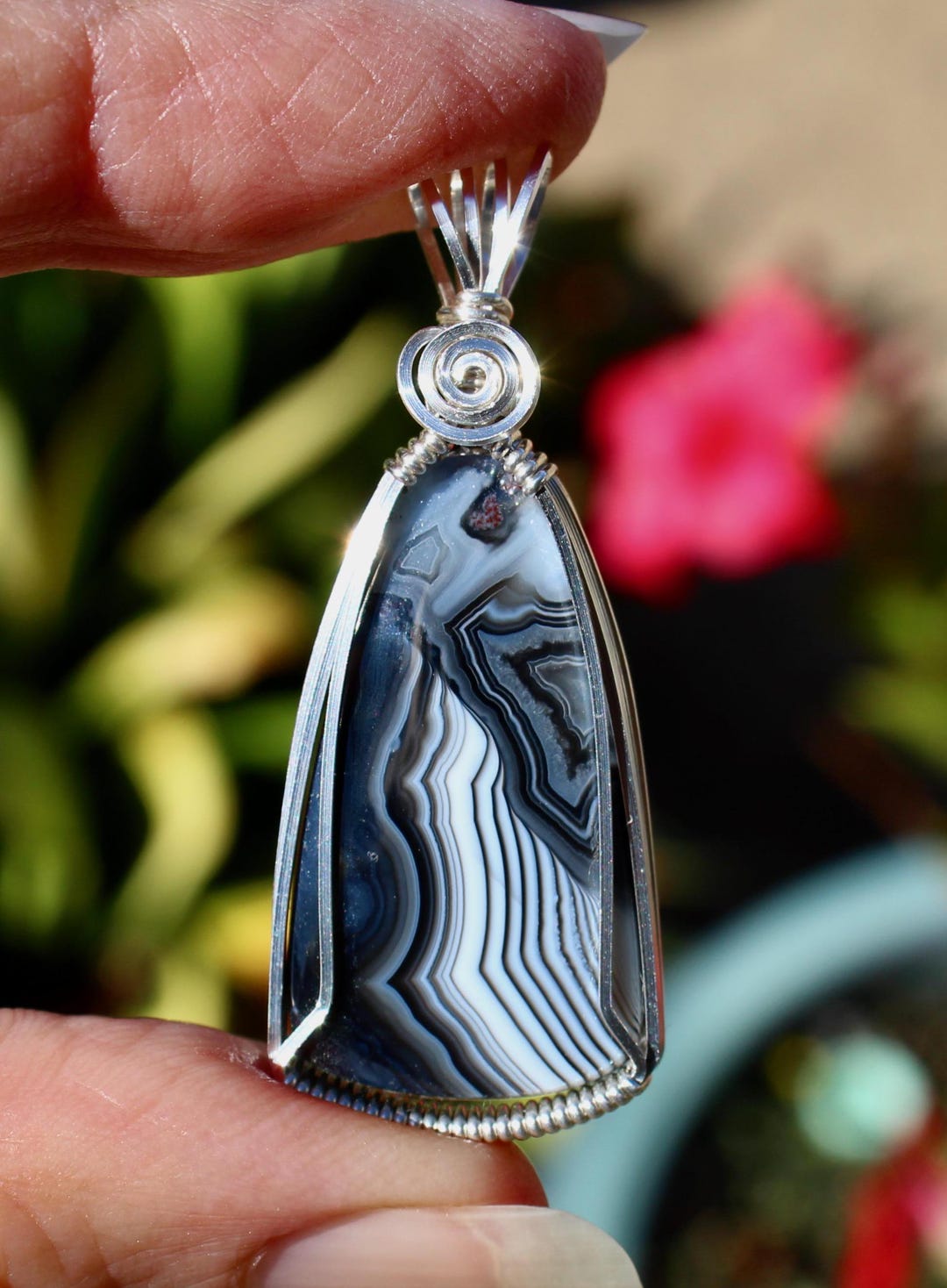 Black and White Tuxedo Chalcedony Agate Stone Pendant, Wire Wrap ...