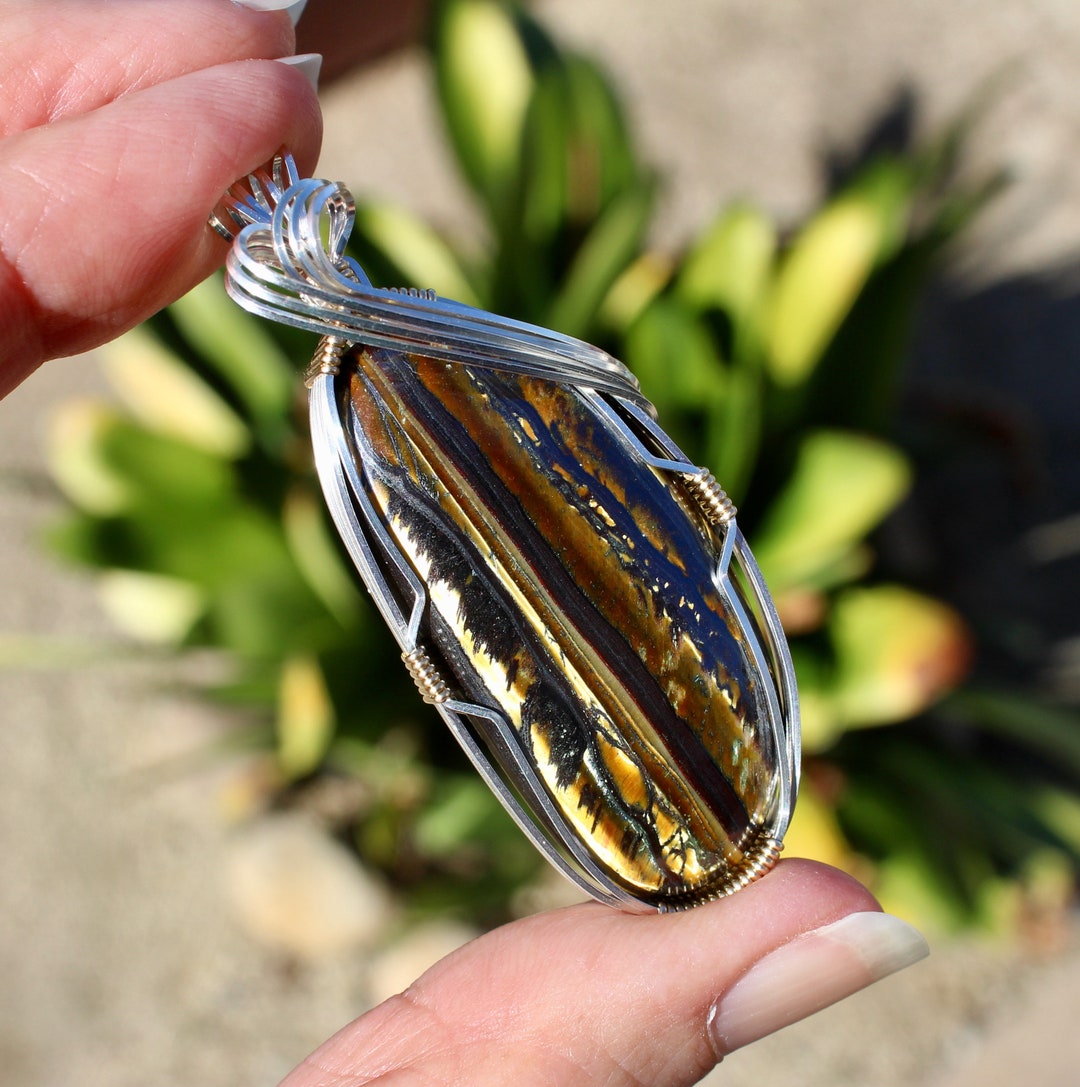 Large Tiger Iron Stone Pendant, Tiger Eye Stone Necklace, Argentium ...