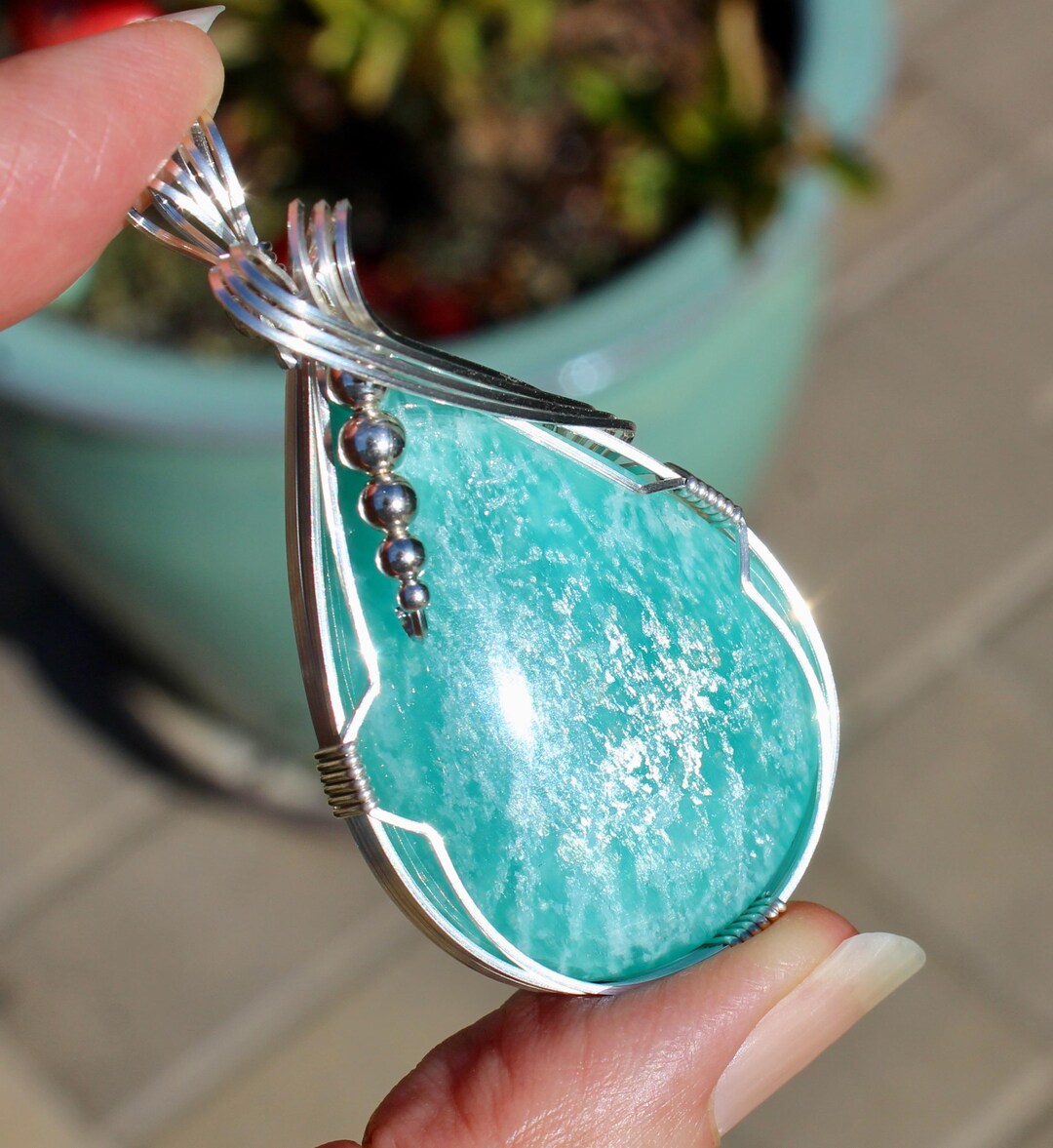 Sparkling Amazonite Stone Pendant, Wire Wrapped Pendant, Translucent ...