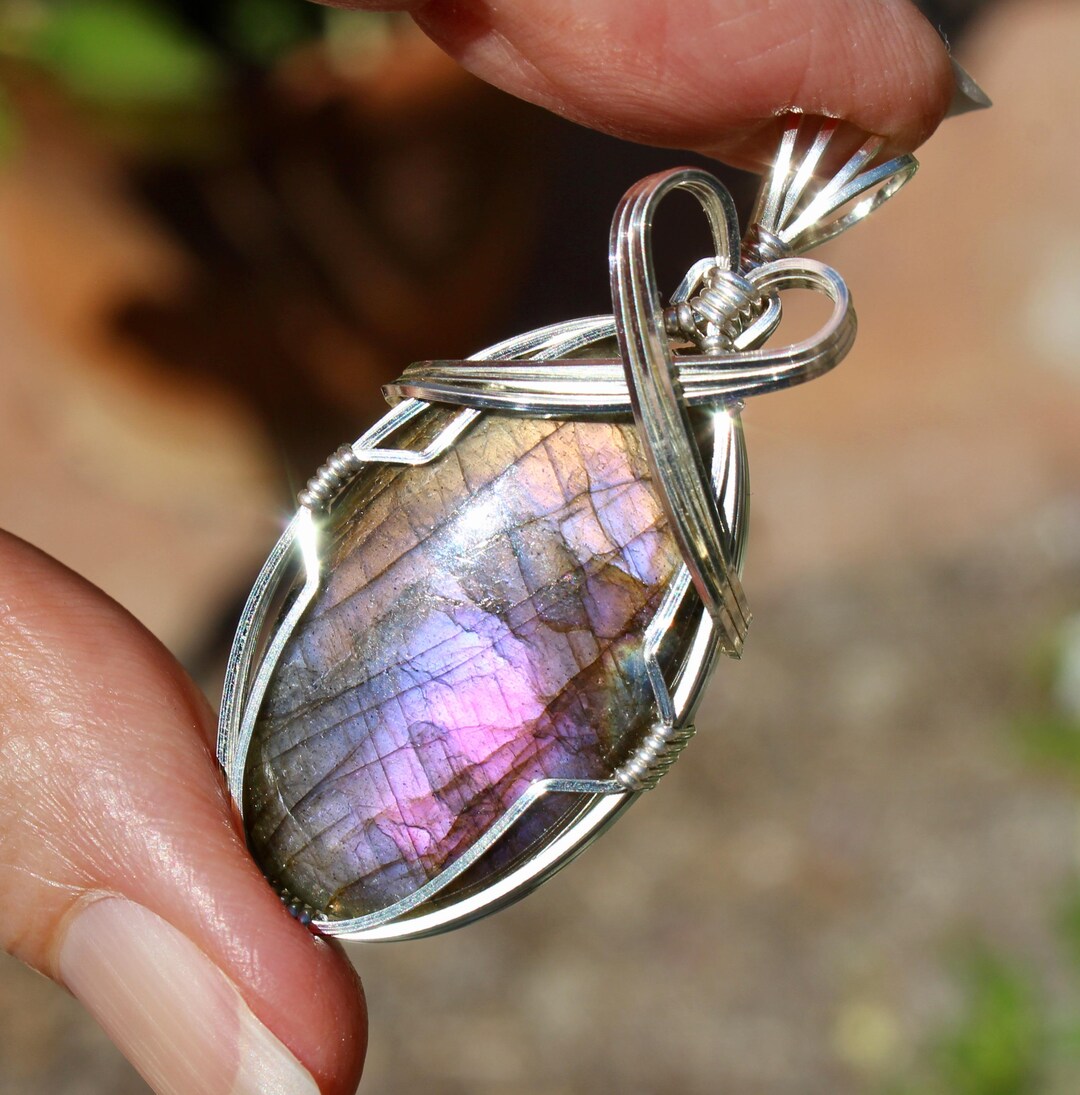 Purple and Pink Labradorite Stone Pendant, Purple Rainbow Sparkle ...