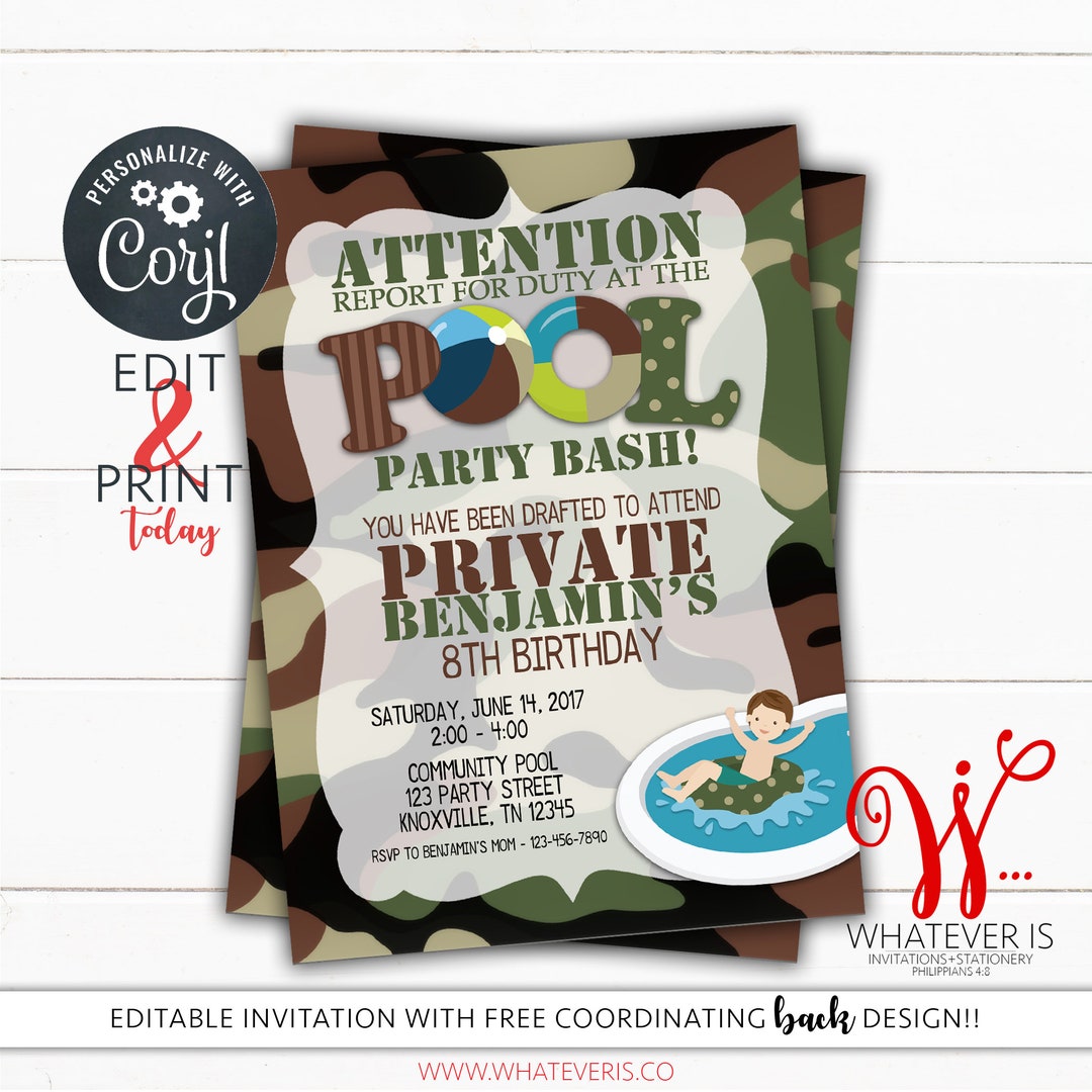 Editable Army Pool Party Bash Birthday Printable Invitation | Army ...