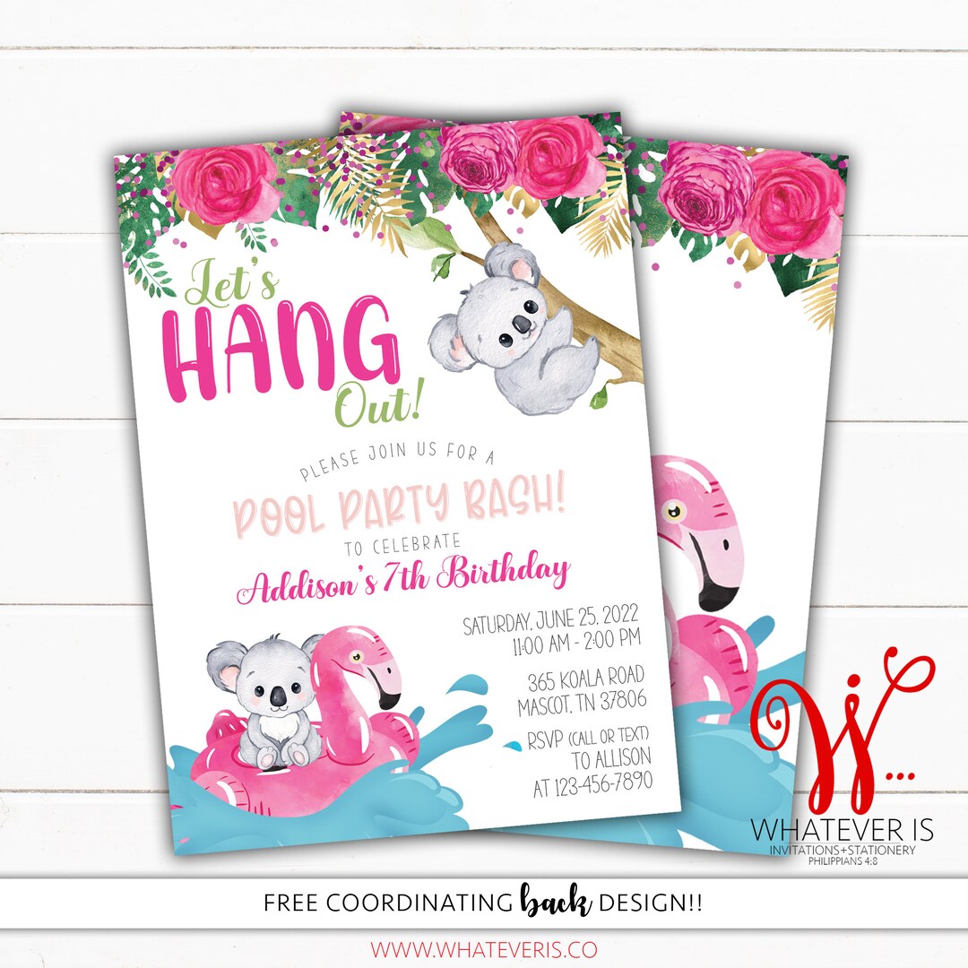 Koala Pool Party Birthday Invitation | Koala Birthday Invitation ...