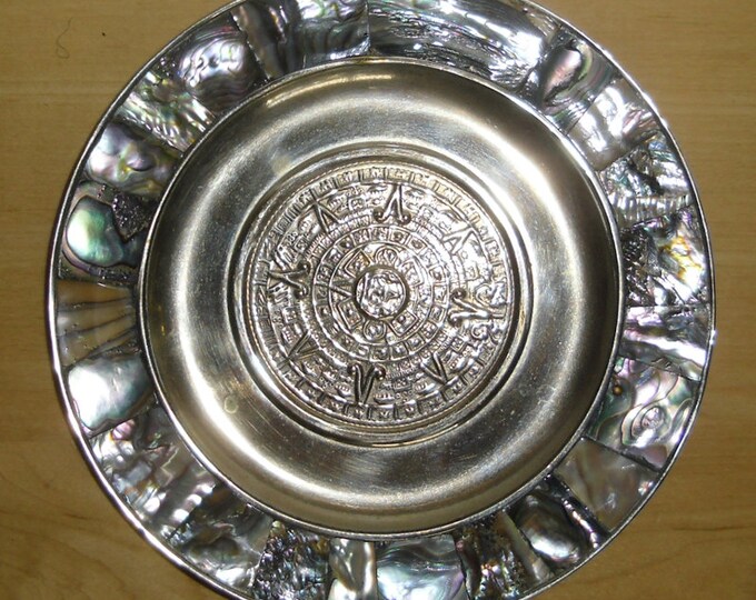 Vintage Aztec Calendar Abalone Plate Alpaca Mexico 6 Sun Stone Plate ...
