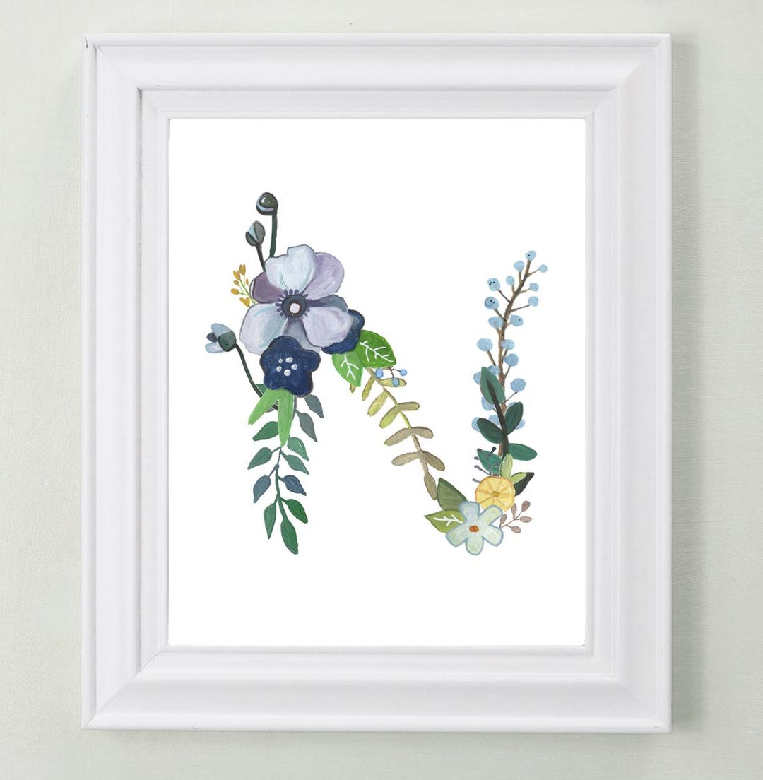 N - Floral Letter Art Print - Girls Nursery Decor - Wall Decor ...