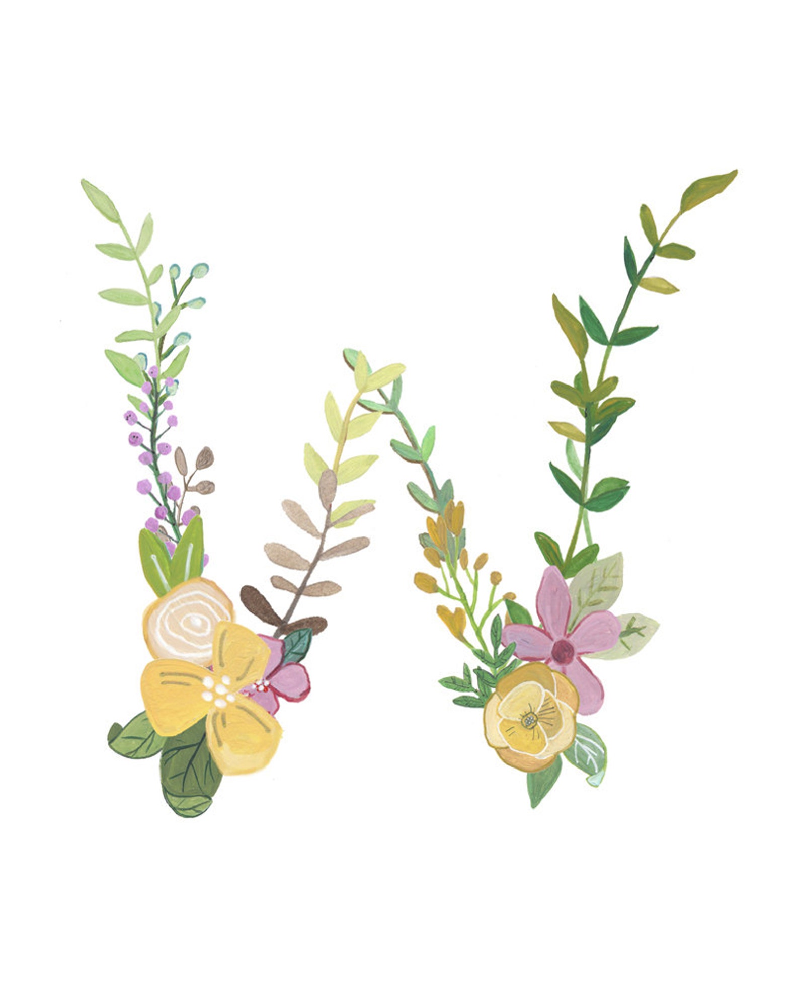 W Floral Letter Illustration Floral Typography Print - Etsy