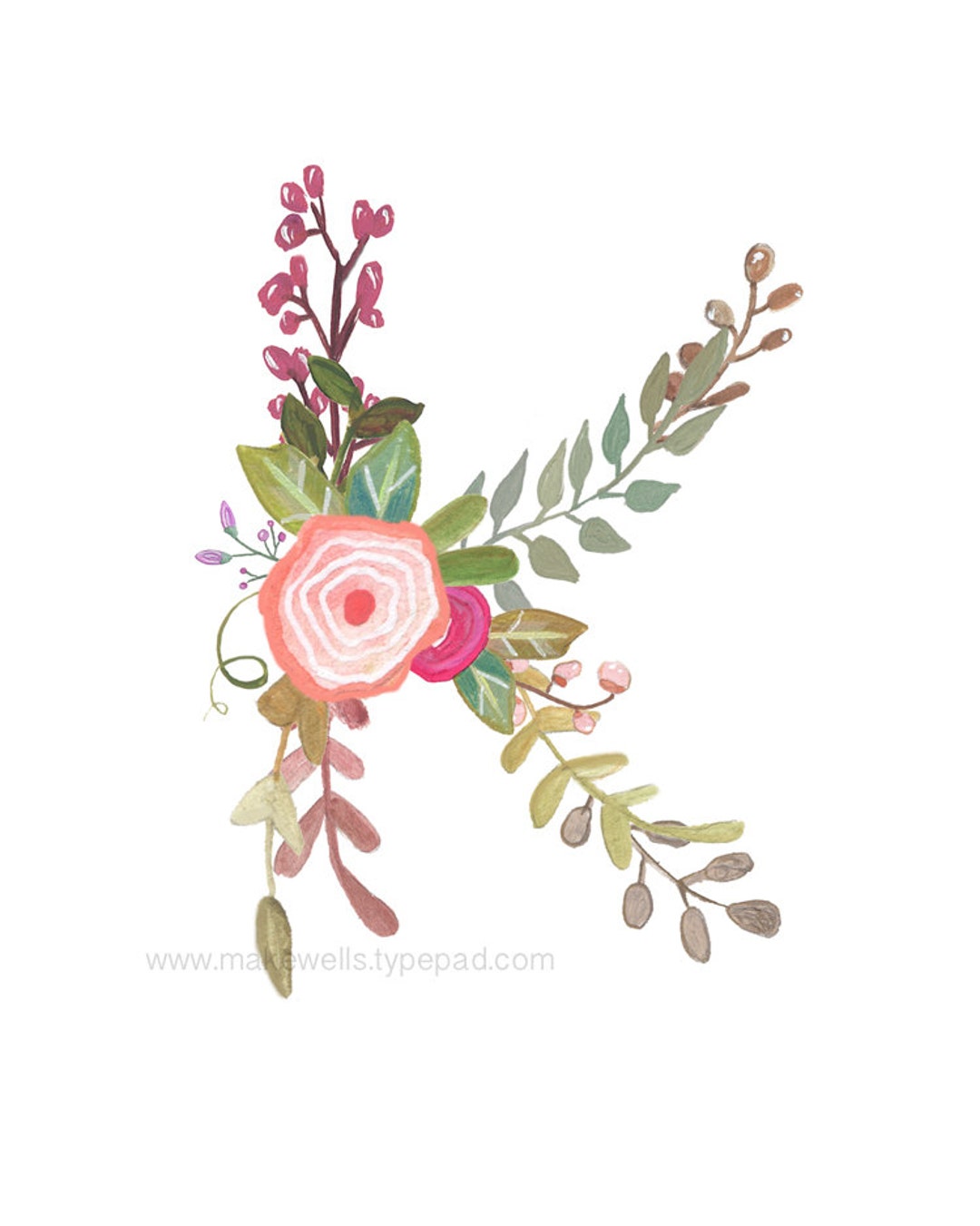 K Floral Letter Print - Etsy