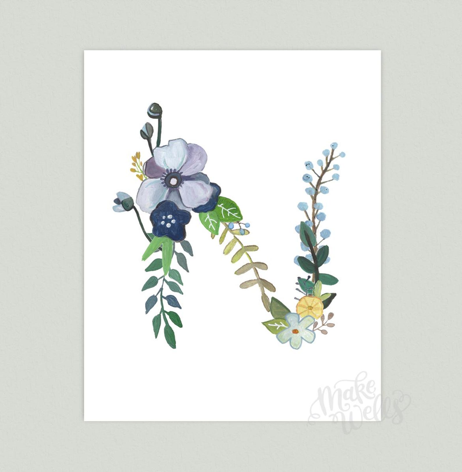 N - Floral Letter Art Print - Girls Nursery Decor - Wall Decor ...