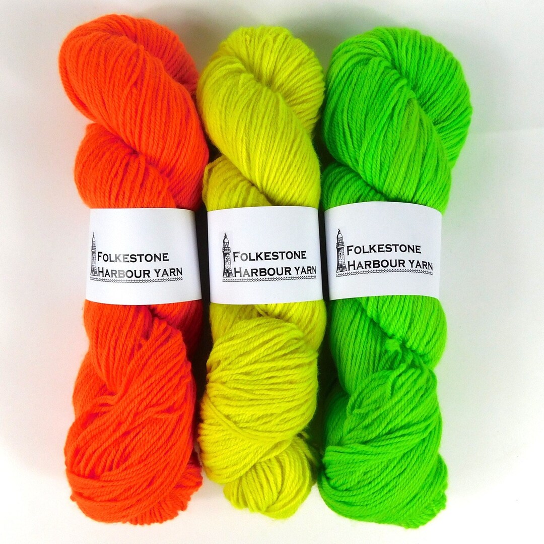 Fluorescent Orange Yellow or Green Wool Yarn DK Merino 100g Choice of 3 ...