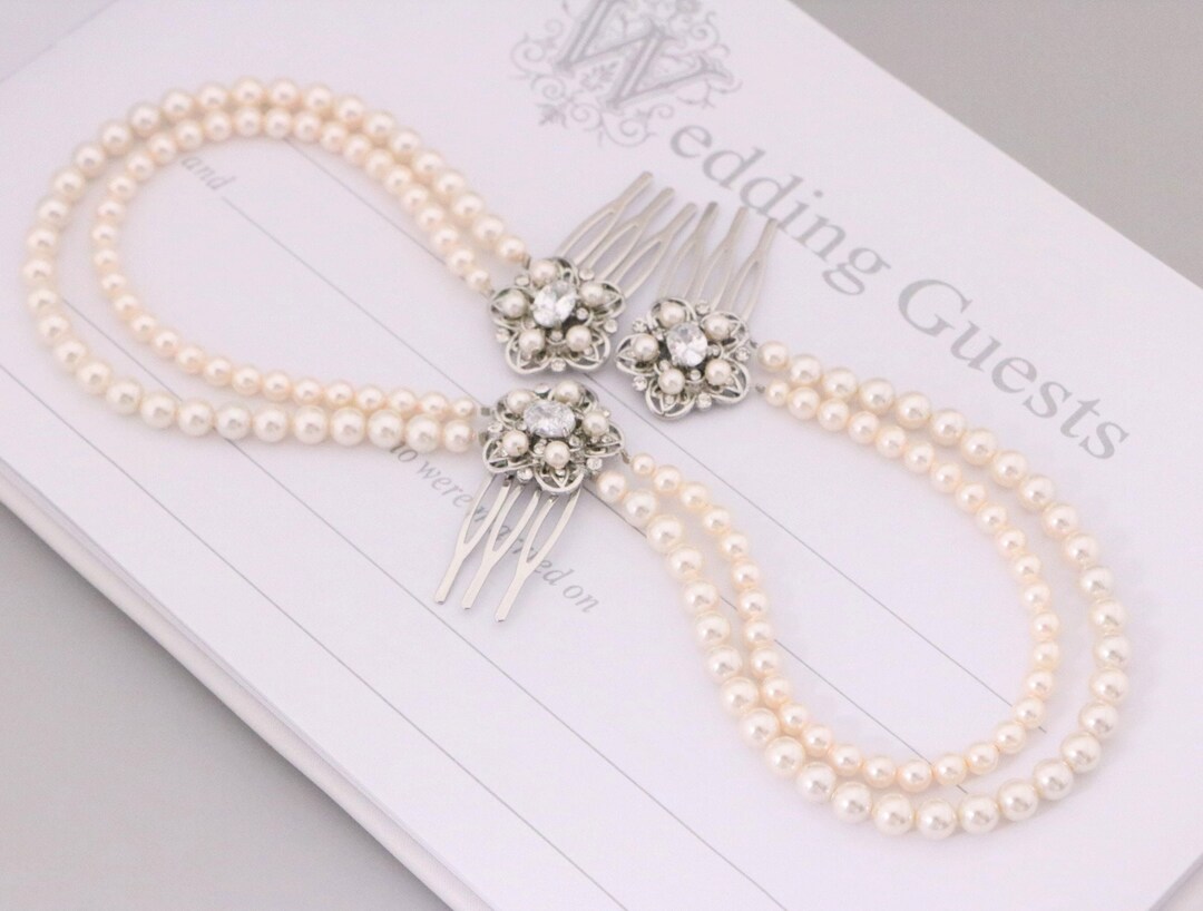 Silver Wedding Hair Chain Boho Pearl Headpiece Swarovski Pearl Bridal ...