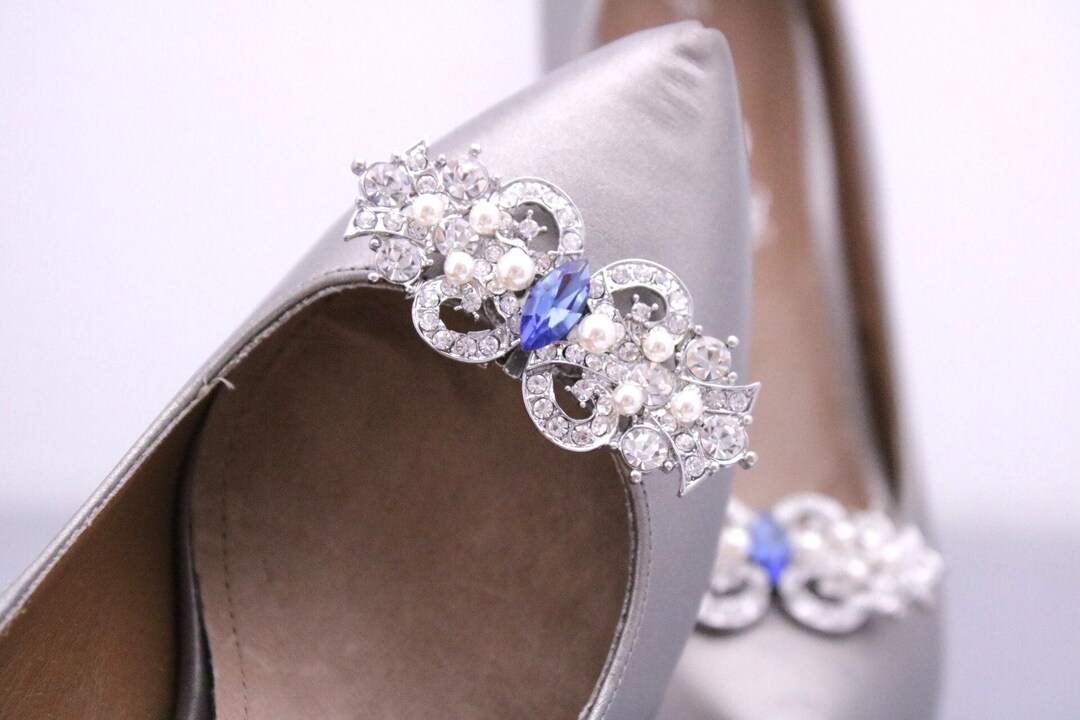 Rhinestone Shoe Clips Blue Shoe Clips Wedding Shoe Clips Blue Silver ...