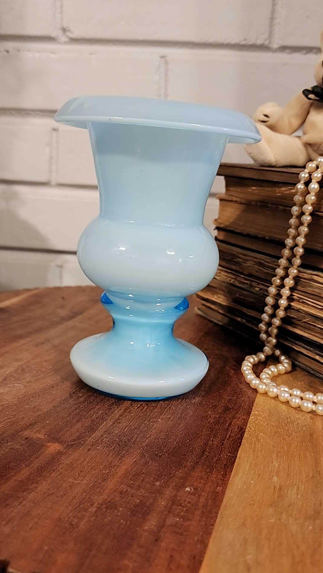 Fenton Art Glass for Weil Ceramics Blue Overlay Milk Crest Rolled Top ...