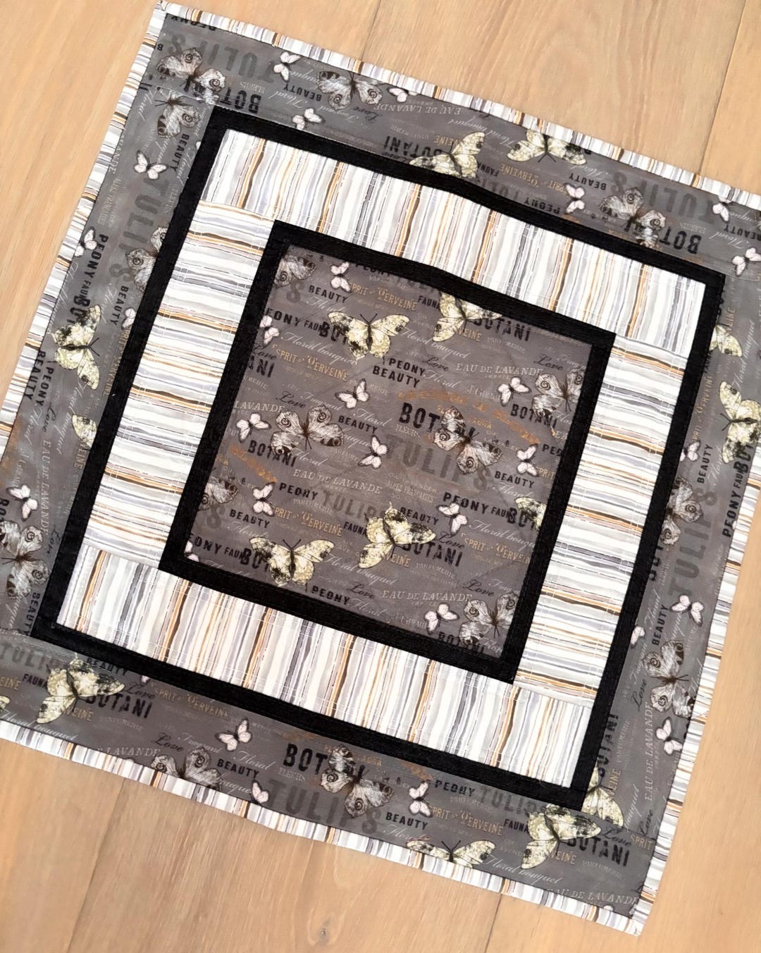 Botanical Quilted Table Topper, Handmade Botanical Table Topper, Gray ...