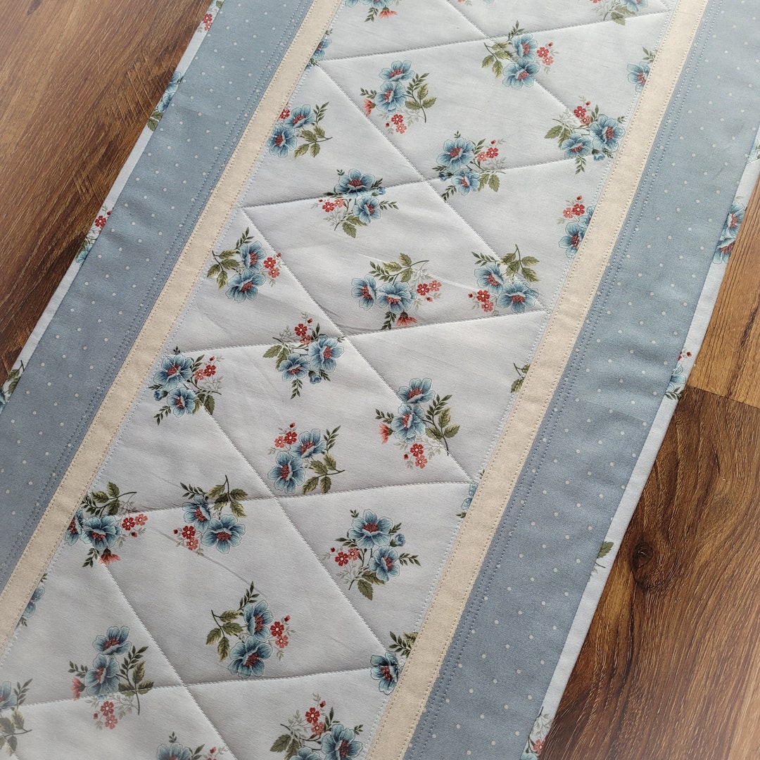 Quilted Floral Table Runner Blue Flowers Green Leaves - Etsy