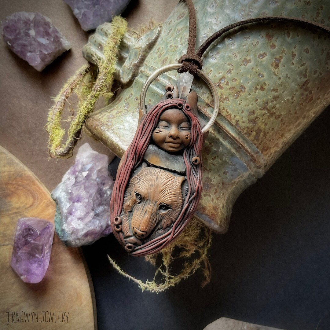 La Loba, Wolf Woman Necklace With Prehnite Gemstone. Handcrafted Clay ...