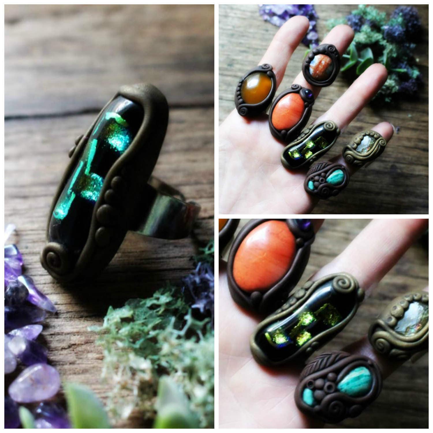 Clay & Gemstone Ring Artisan Glass Fully Adjustable . | Etsy