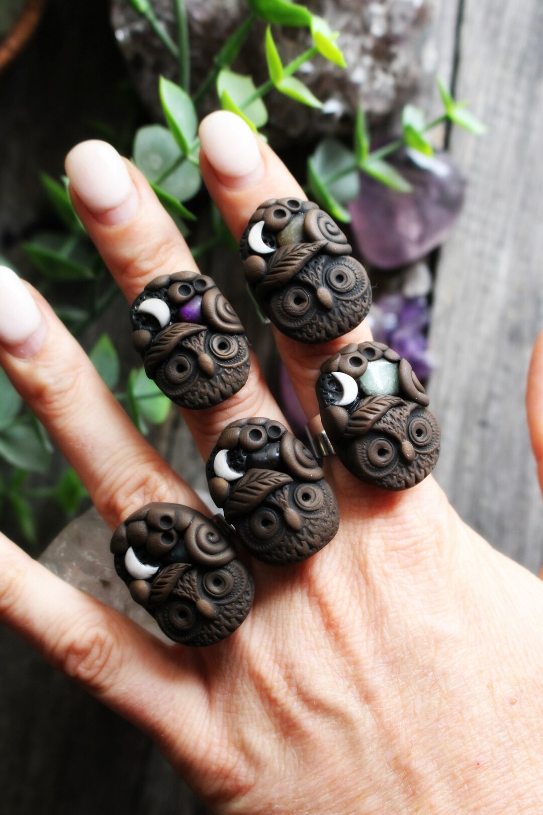 Owl Spirit Animal Ring With Agate Gemstone Fully Adjustable . Goddess ...