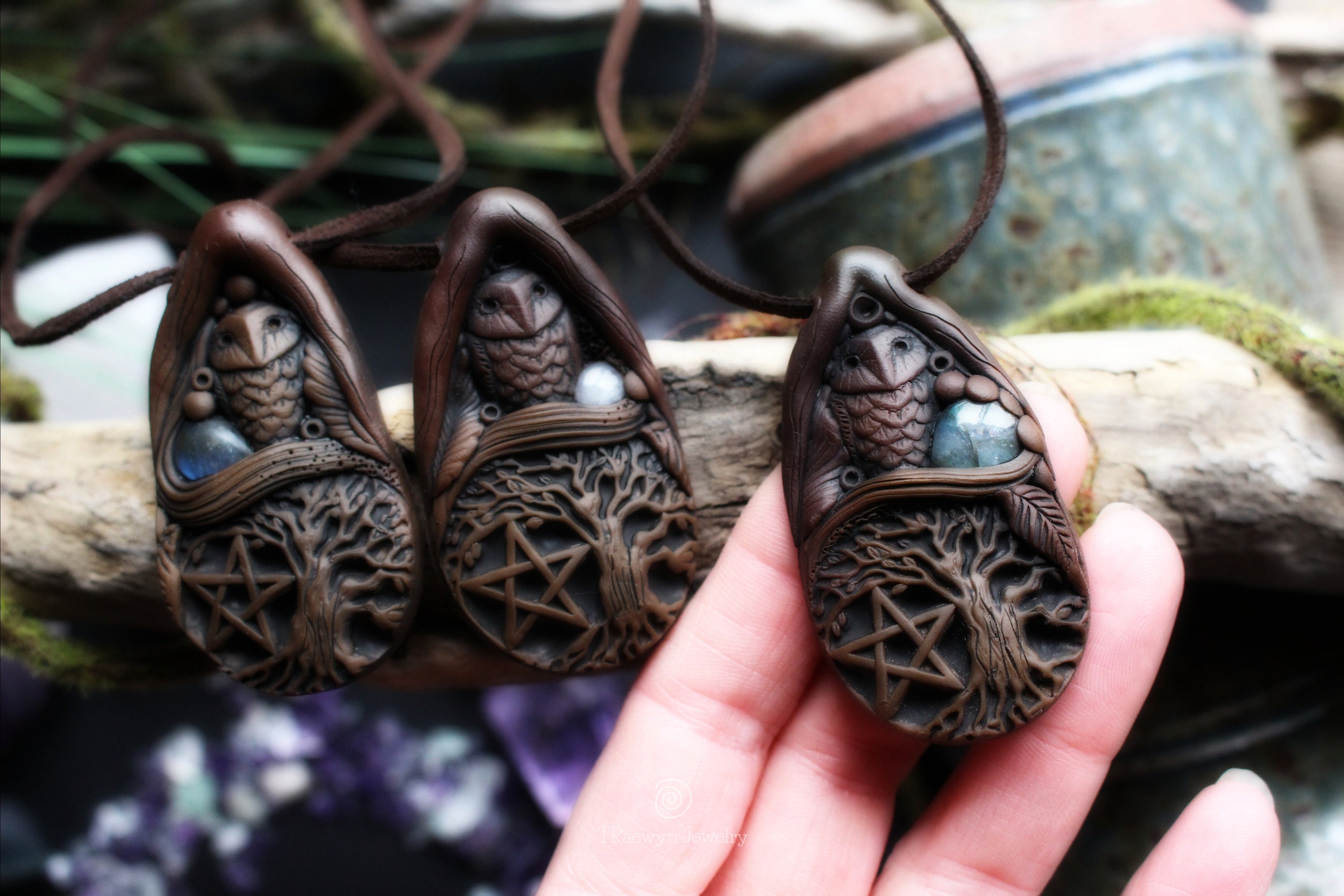 Pentacle + Owl Necklace With Labradorite or Moonstone Gemstones ...