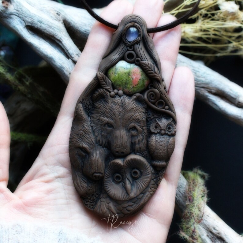 Wolf Bear and Owl Spirit Animal Necklace With Unakite & - Etsy