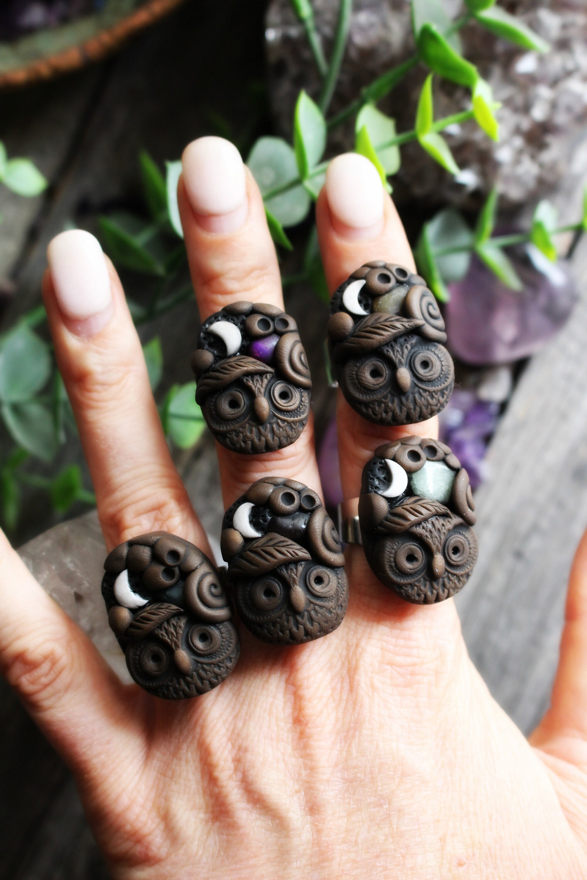 Owl Spirit Animal Ring with Agate Gemstone Fully Adjustable | Etsy