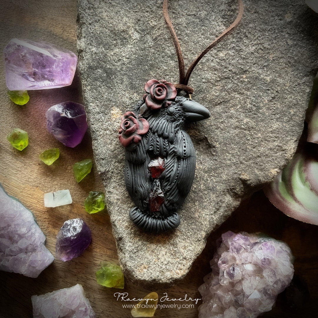 Raven Spirit Animal Necklace With Red Garnet Gemstones. Shamanic Animal ...