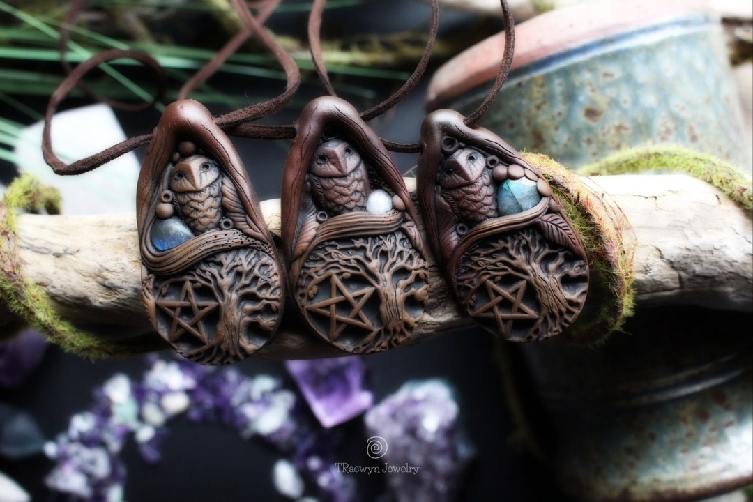 Pentacle + Owl Necklace With Labradorite or Moonstone Gemstones ...