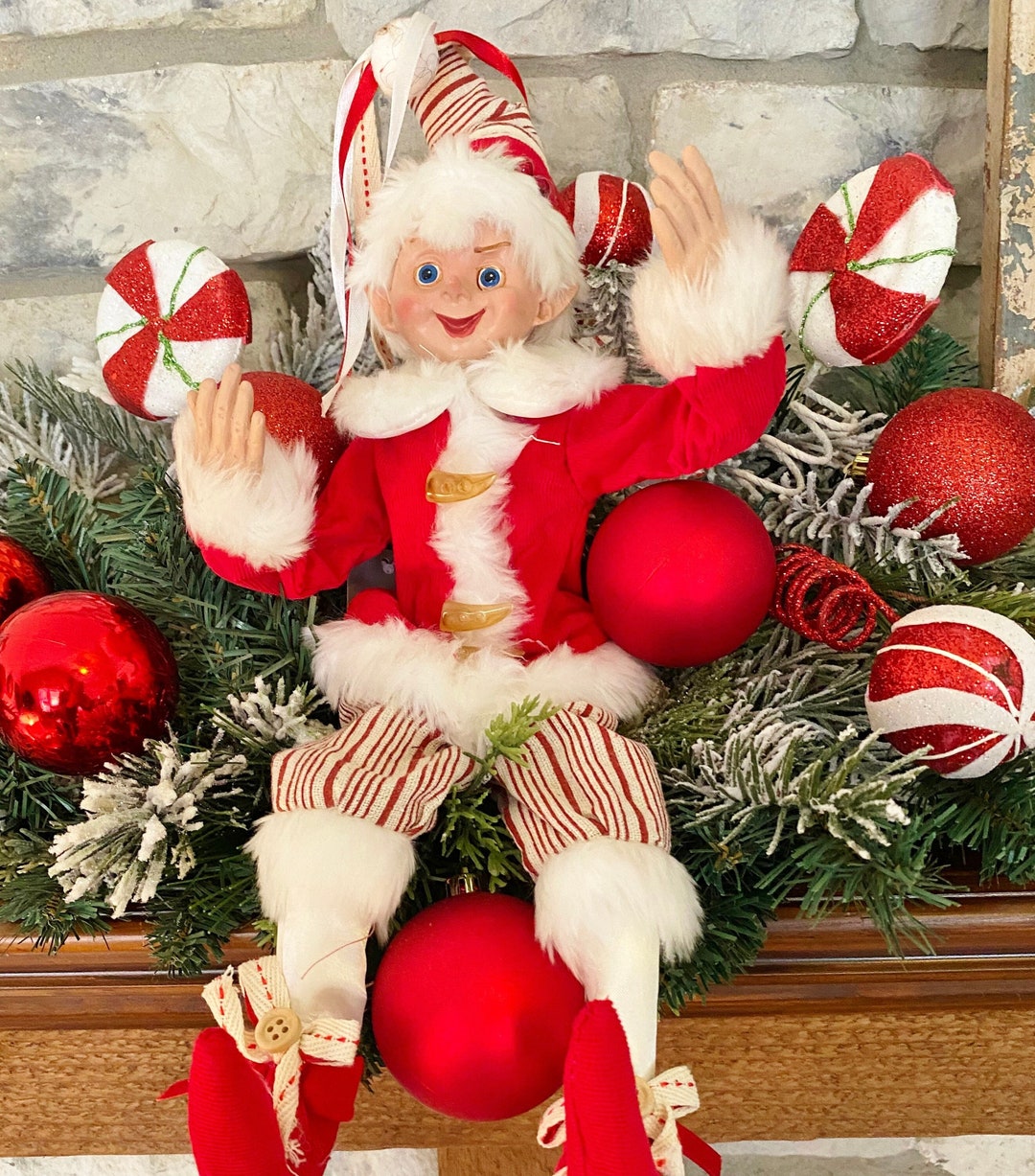 Rustic Elf 2, White, Red, Ticking Stripe, Raz16christmas add to Wreath ...