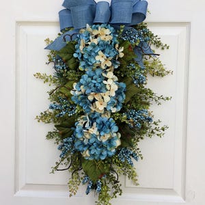 Hydrangea Swag~paradise Blue With Denim Look Bow~front Door Decoration ...
