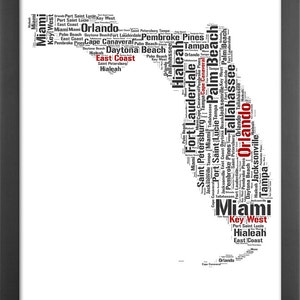 Florida Print, Florida Map Print, Silhouette Typographic Print, Words ...