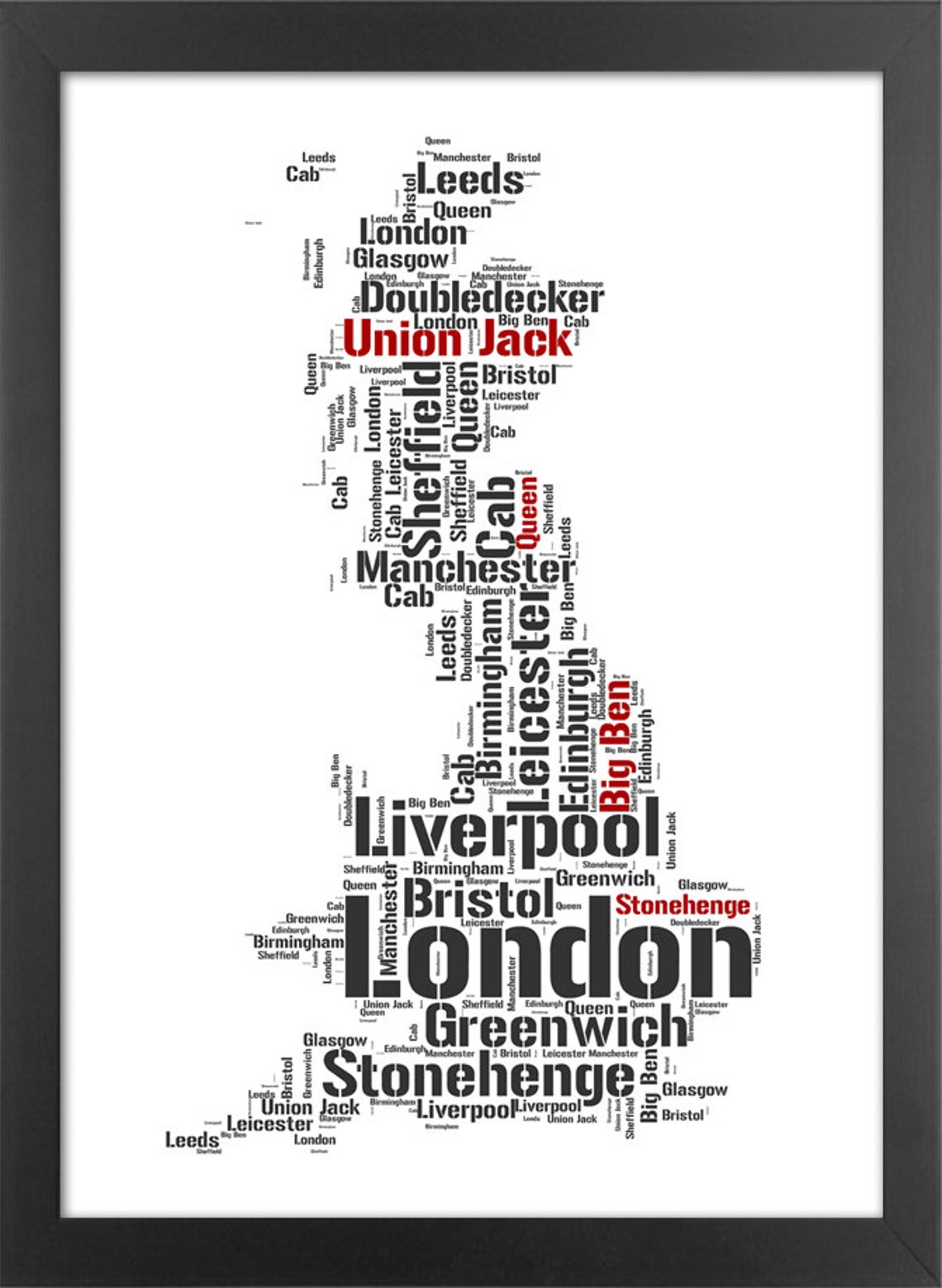 UK Print United Kingdom Typography Map, United Kingdom Map, Black White ...