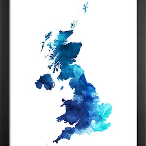 UK Map Watercolor Print, United Kingdom Silhouette Map Print, Blue Cyan ...
