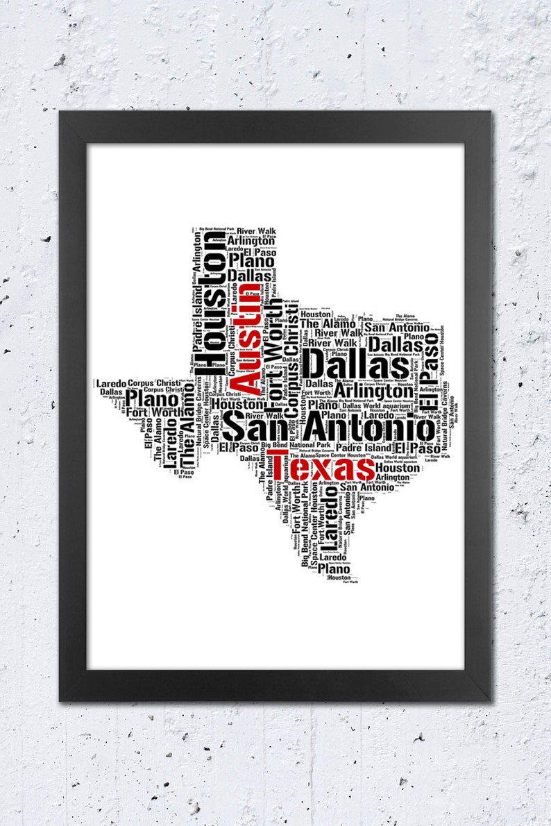 Texas Typography Map, Texas Map Poster Print, Typography Words Art ...
