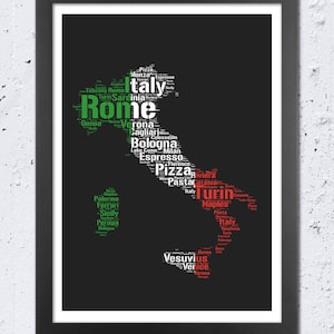Italy Map Print, Italy Poster Print, Text Words Typography Map, Modern ...