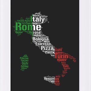 Italy Map Print, Italy Poster Print, Text Words Typography Map, Modern ...