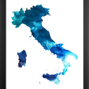 Italy Map Watercolor Print, Italy Silhouette Map Print, Blue Cyan Color ...