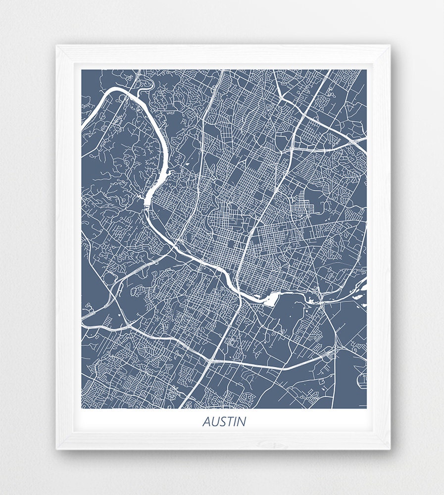 Austin Texas Map Art Print, Blue Urban Street Design (digital Download ...