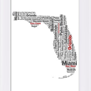 Florida Print, Florida Map Print, Silhouette Typographic Print, Words ...