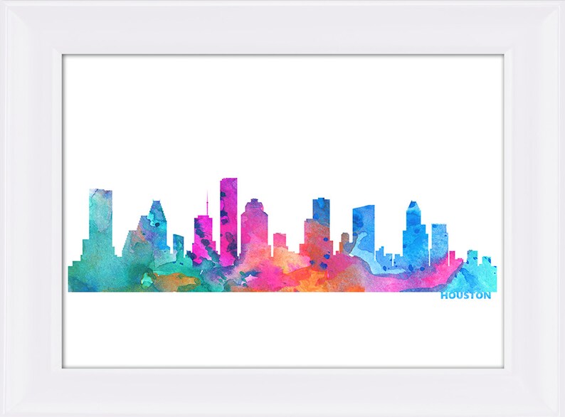 Houston Skyline Watercolor Print, Colorful Cityscape Silhouette ...