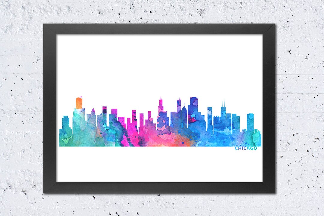 Chicago Skyline Watercolor Print, Chicago Cityscape Color Silhouette ...