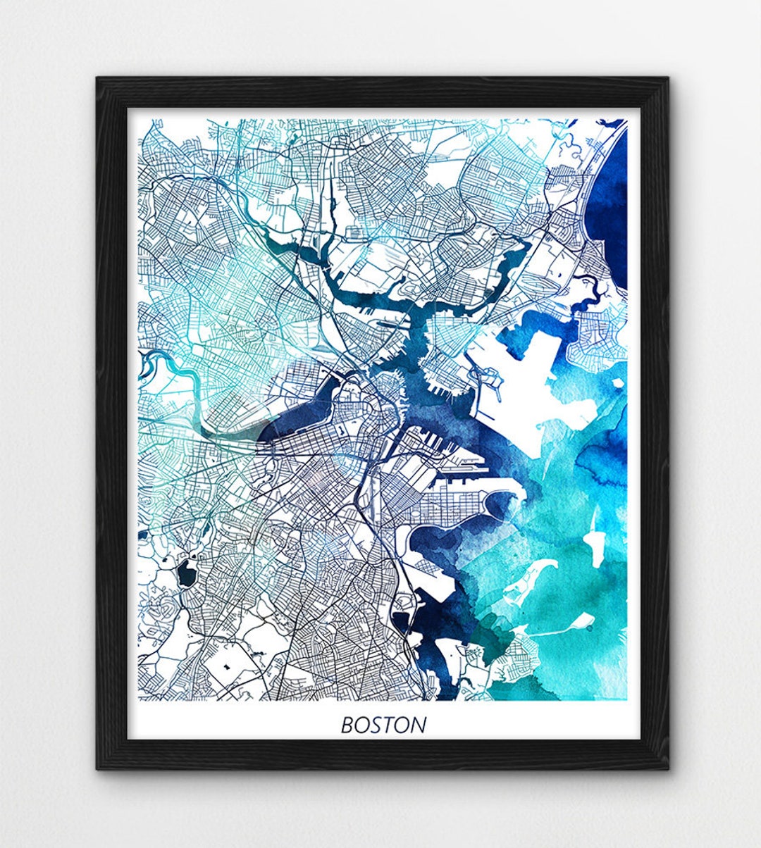 Boston City Map Print, Blue Watercolor Art (digital Download) - Etsy