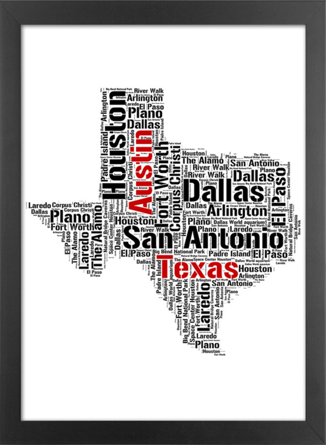 Texas Typography Map, Texas Map Poster Print, Typography Words Art ...