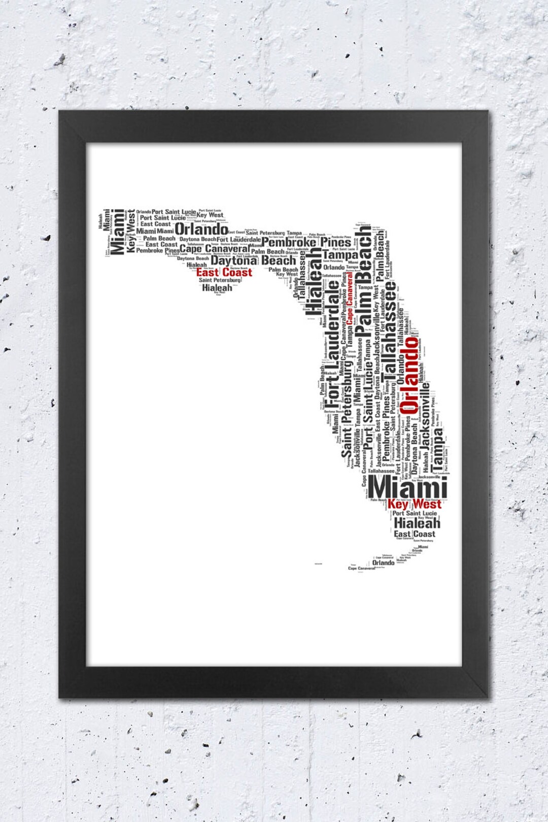 Florida Print, Florida Map Print, Silhouette Typographic Print, Words ...