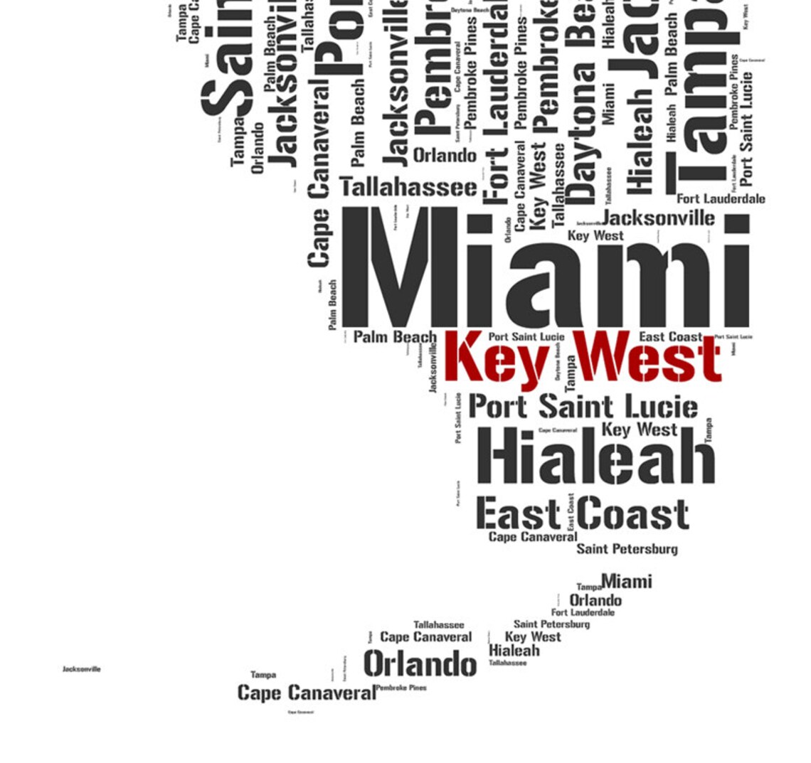 Florida Print Florida Map Print Silhouette Typographic | Etsy