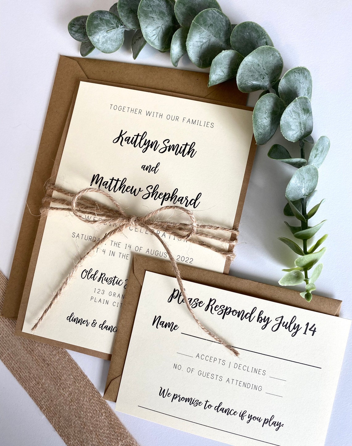 Printed Rustic Wedding Invitation With Twine, Ivory With Kraft Matting ...