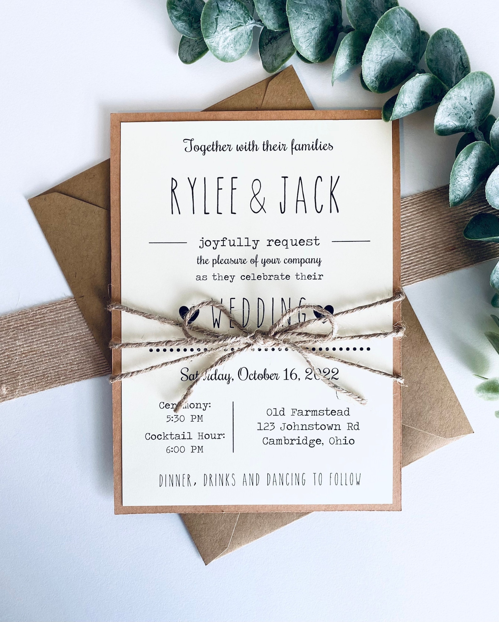 Printed Rustic Wedding Invitation With Twine Ivory With Kraft | Etsy